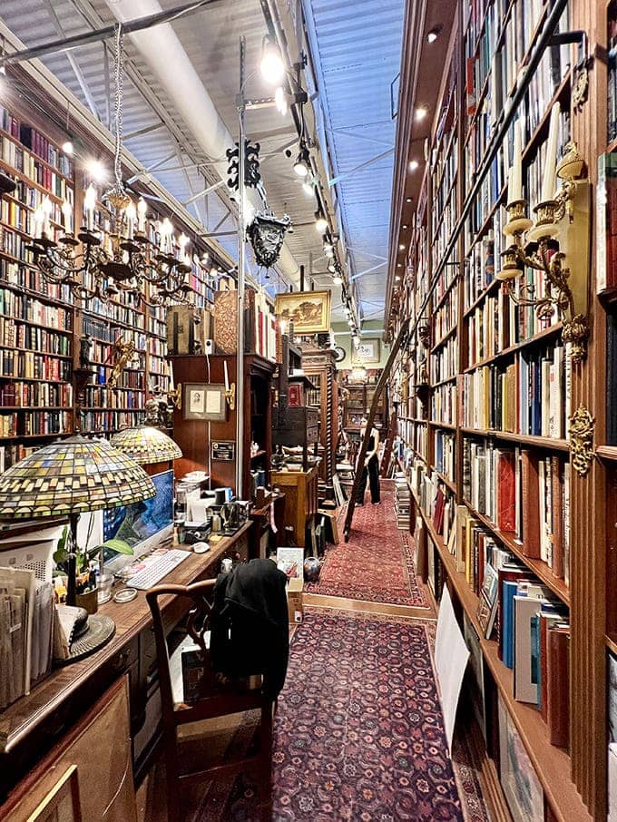 Narrow aisles create literary canyons between towering shelves, where chandeliers cast a warm glow over centuries of human thought.