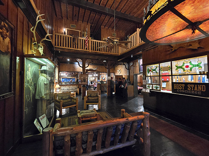 Step inside and travel back in time &ndash; rustic wooden beams, mounted trophies, and warm lighting create the perfect cowboy ambiance.