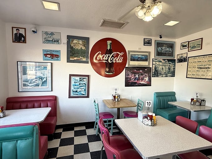 Classic Americana comes alive inside with cherry-red booths, turquoise accents, and enough Coca-Cola memorabilia to quench any nostalgia thirst.