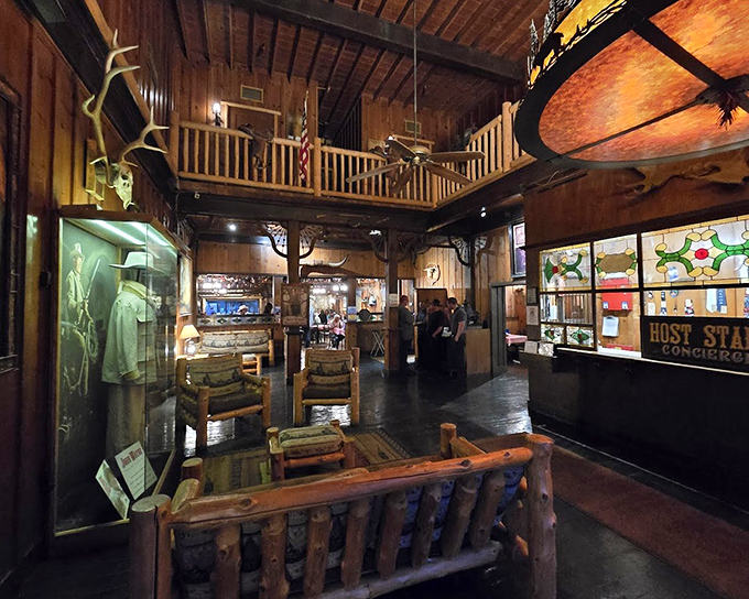 Step inside and the years melt away &ndash; wooden beams, rustic railings, and mounted trophies create an atmosphere that John Wayne would approve of.