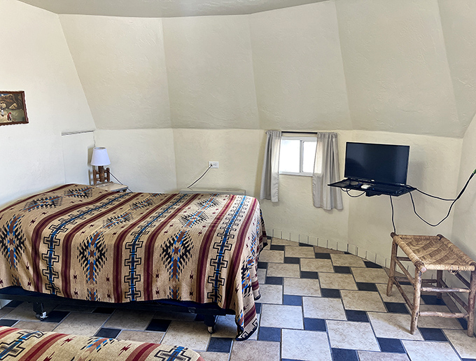 Inside each concrete teepee, Southwestern-inspired bedding and simple comforts create a cozy nest for weary Route 66 travelers.