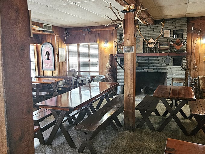 Rustic wood paneling and mounted fish create an authentic old Florida atmosphere where time seems to slow down for the sake of good eating.