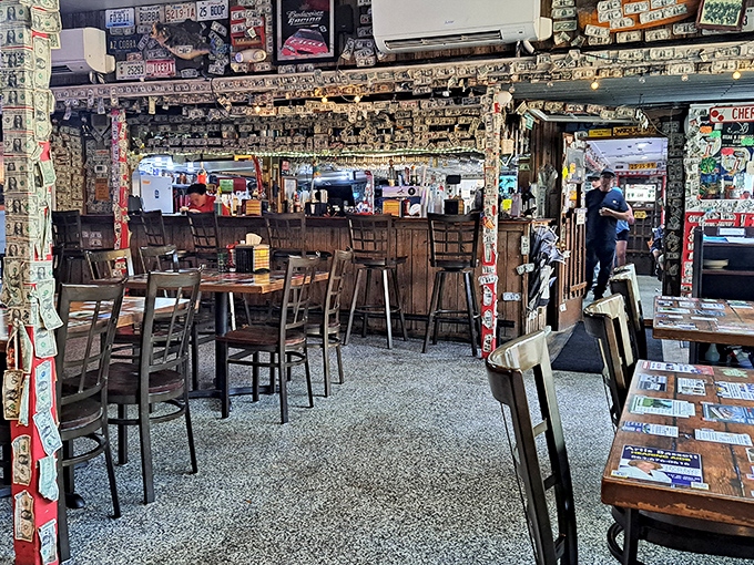 Dollar bills wallpaper every surface, each representing a visitor's story &ndash; creating a living, growing museum of good times and great memories.