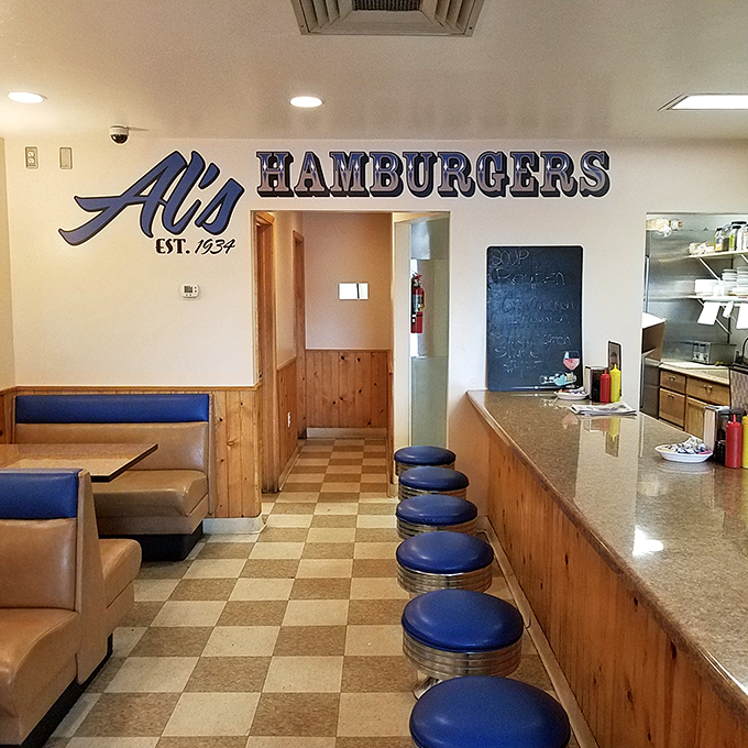 Step inside and travel back in time &ndash; the classic interior with its blue vinyl booths and checkerboard floor hasn't changed much since 1934, and thank goodness for that.