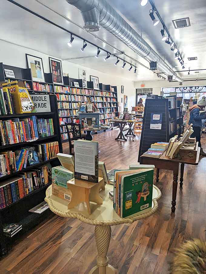 Warm wooden floors and exposed ductwork create the perfect backdrop for literary exploration, where natural light illuminates countless worlds waiting on shelves.