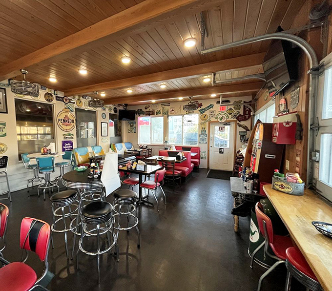 Chrome, vinyl, and nostalgia served family-style. The diner's interior feels like sliding into the front seat of America's favorite era.