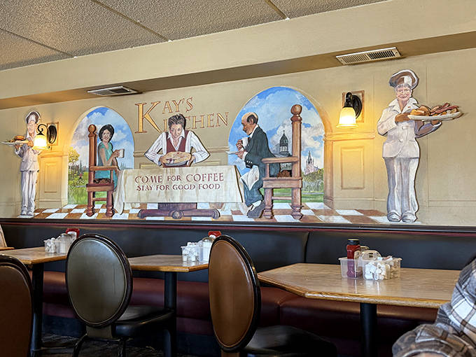 A charming mural adorns the wall, inviting guests to "Come for coffee, stay for good food" &ndash; perhaps the most honest advertising in the restaurant business.