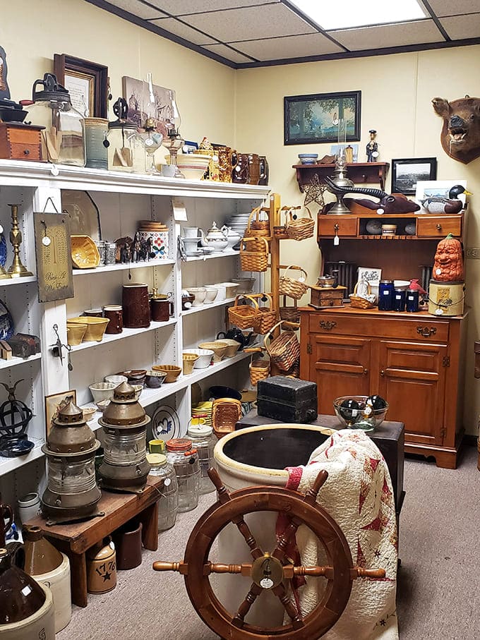 Every shelf tells a story in this booth, where vintage baskets and crockery wait patiently for someone to bring them back into daily use.