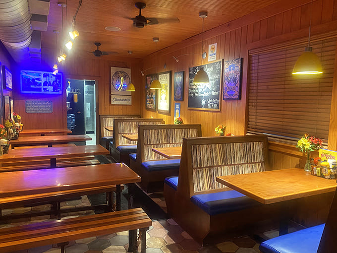 Wooden paneling and cozy booths create that perfect "just caught this morning" atmosphere where memorable meals and laughter flow as freely as the cocktails.