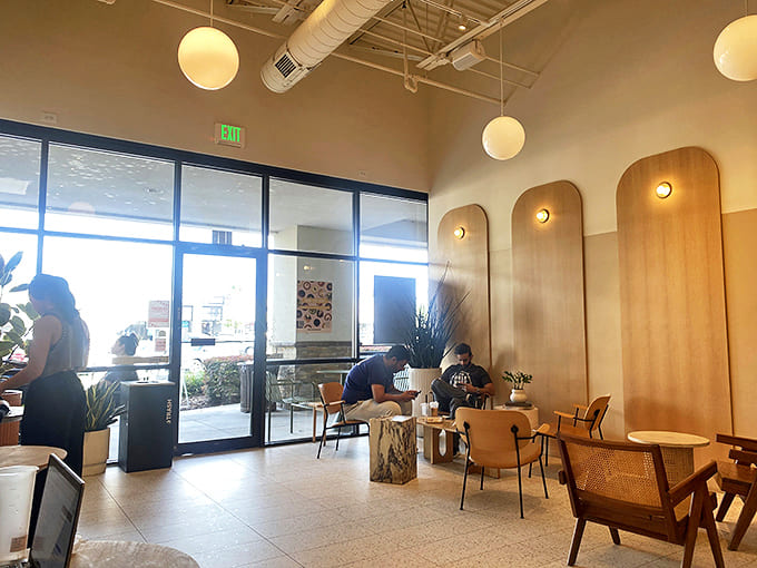 Clean lines and natural wood create a serene backdrop where colorful desserts become the stars of the show.