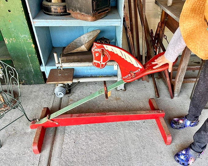 A vintage rocking horse awaits its next rider &ndash; perhaps a collector with an eye for nostalgic childhood treasures.