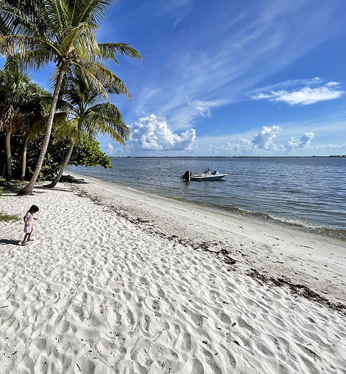 A small boat bobs gently near the shore as palm trees frame a perfect Florida beach scene &ndash; paradise without the crowds.