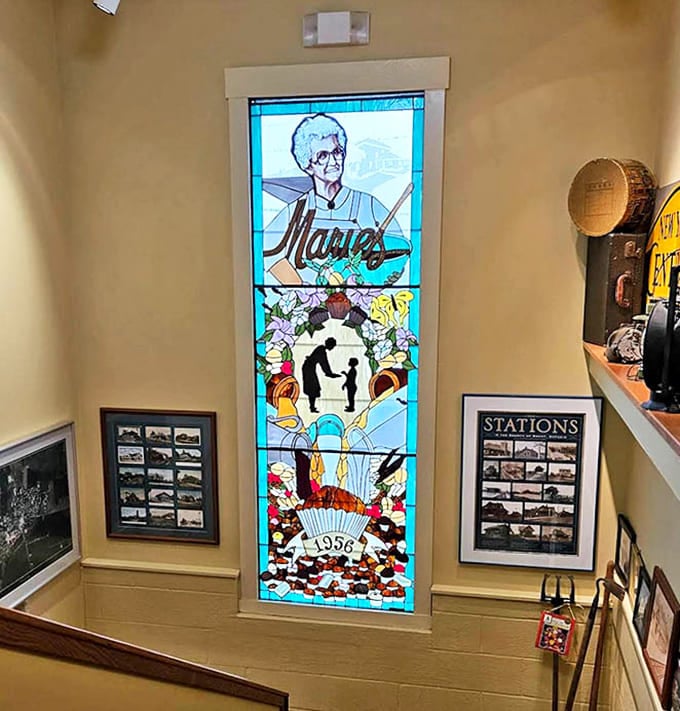 A stunning stained glass tribute to Marie herself watches over the shop, telling the story of candy-making tradition that began in 1956 through colorful, illuminated artistry.