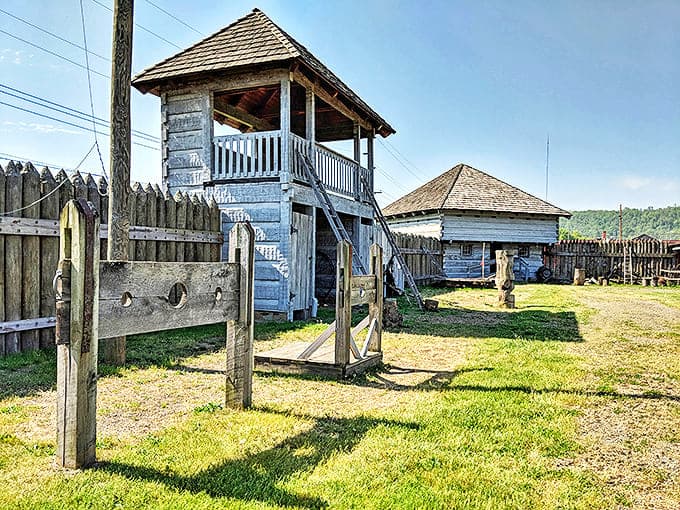 The wooden watchtower stands sentinel over the fort grounds, just as it did when this was America's western frontier.