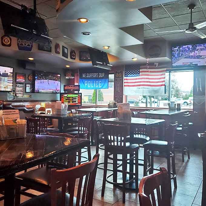 Inside, the cozy atmosphere strikes the perfect balance between sports bar energy and neighborhood comfort, with TVs ensuring no fan misses a play.