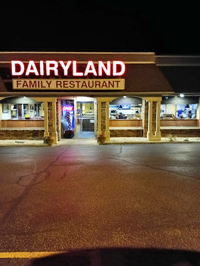 Even at night, Dairyland's welcoming lights shine bright, offering a beacon of hope for those seeking a hearty meal after dark.