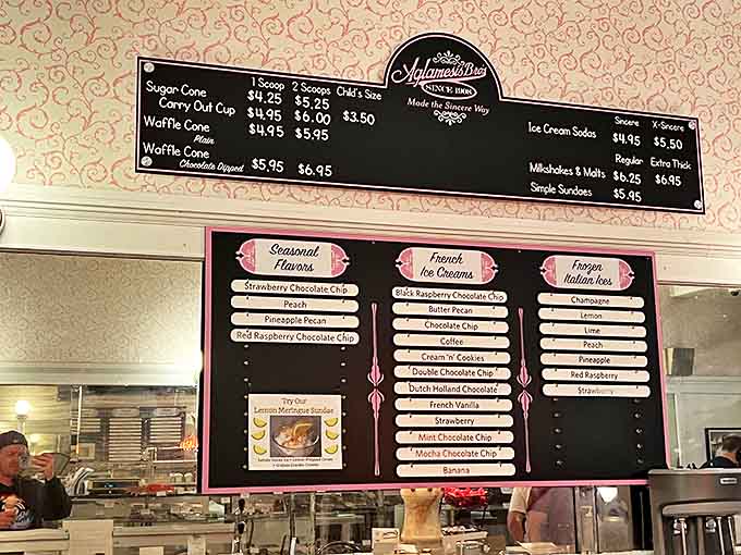 The menu board showcases classic offerings alongside seasonal specialties, promising sweet adventures for every palate.