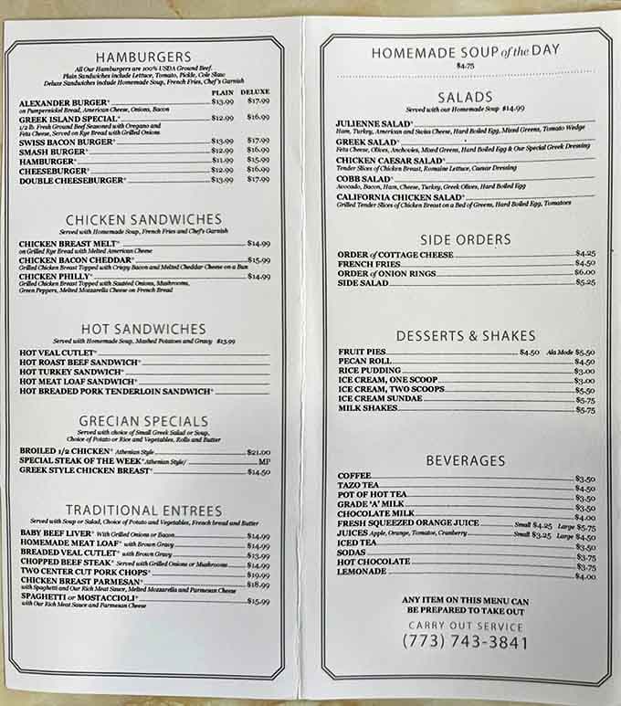 The menu reads like a love letter to diner classics with Greek flair &ndash; from the Alexander Burger to avgolemono soup, each item promising satisfaction without pretension.