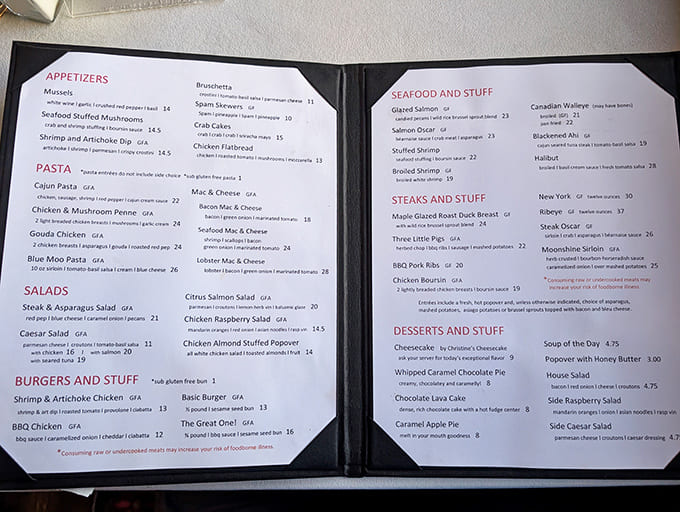 This menu offers everything from mussels to ribeye, proving landlocked states can do seafood just fine, thank you.