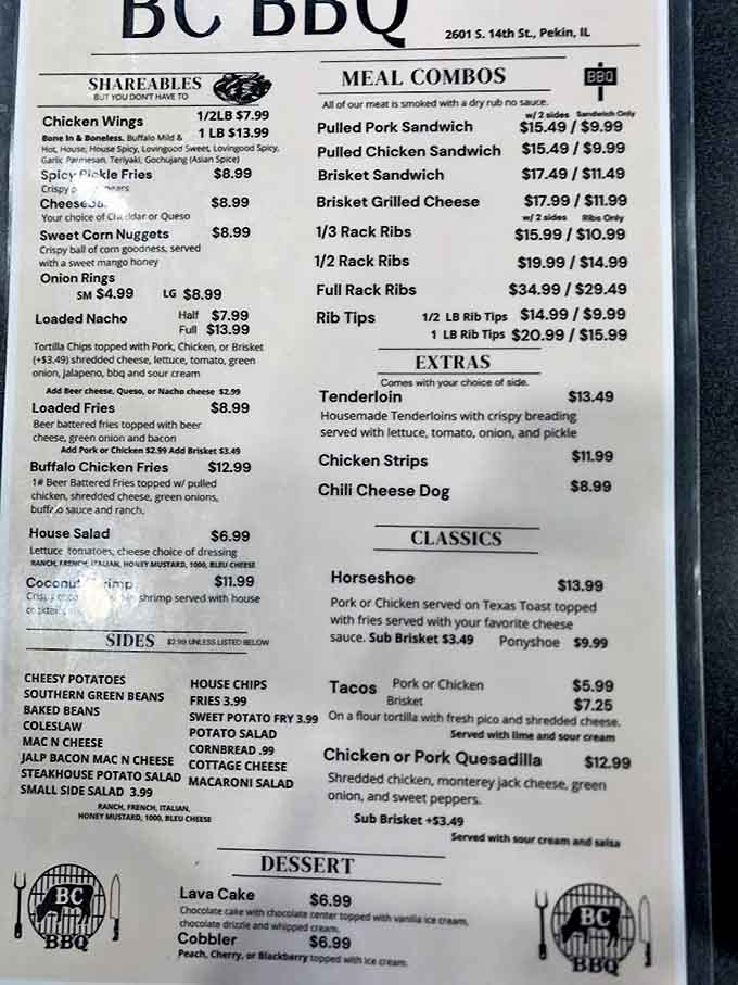 This menu reads like a greatest hits album of barbecue classics, each item promising its own delicious adventure for your palate.