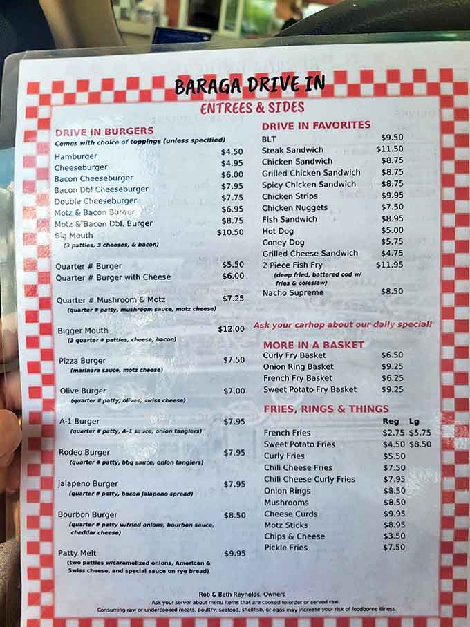 The checkered menu board reads like a love letter to American comfort food, with burgers and floats stealing the spotlight.