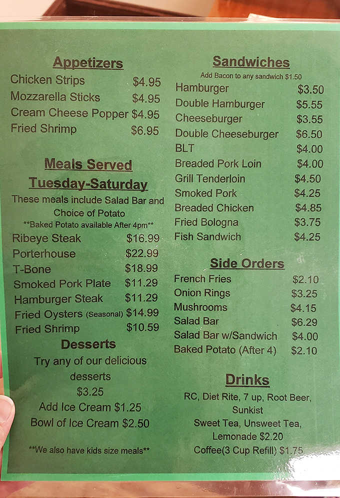 This menu offers everything from legendary fish fries to hand-cut steaks, all at prices that won't require a second mortgage.