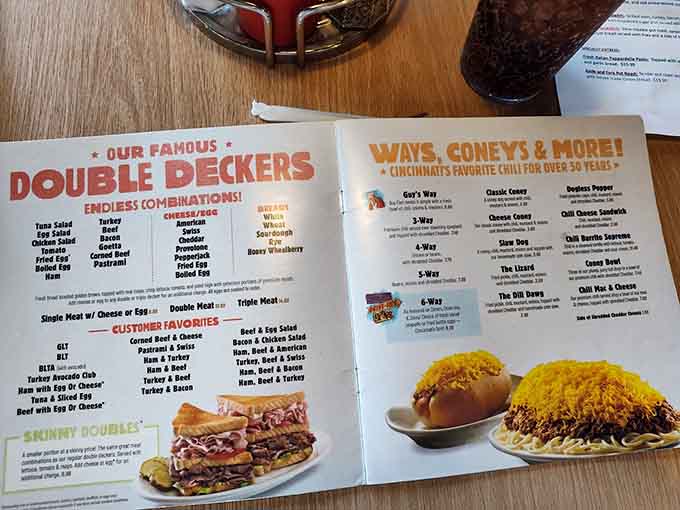 The menu offers endless combinations with their famous Double Deckers and Cincinnati-style chili preparations galore.