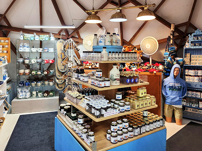 The gift shop area showcases an impressive array of blueberry products, from jams and syrups to quirky souvenirs for the berry-obsessed.