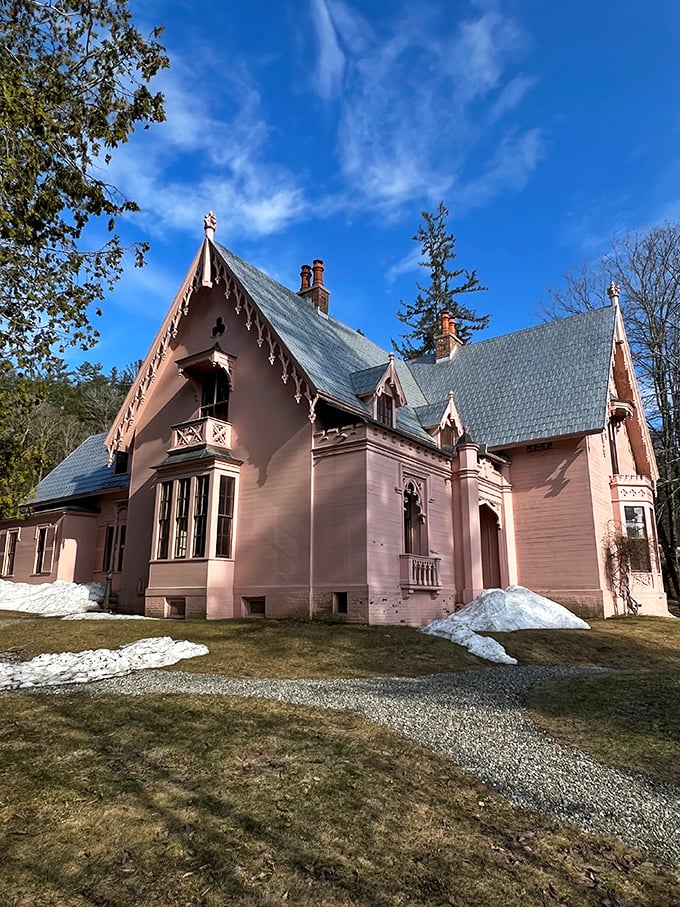 The homestead's steep gables and ornate trim work create a silhouette that would make any Victorian architect swoon with delight.
