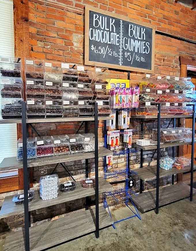 Bulk chocolate and gummies beckon from clear bins against exposed brick walls &ndash; resistance is futile, so why even try?