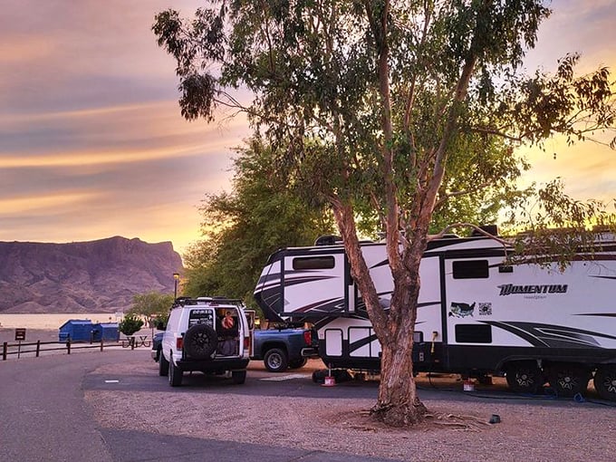 Camping nirvana achieved! These RVs have scored front-row seats to nature's greatest show &ndash; sunset over Lake Havasu's shimmering waters.