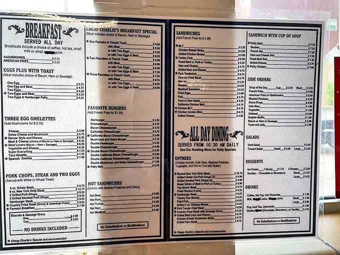 Menu: A laminated testament to breakfast perfection, offering everything your morning heart desires without a hint of pretension.