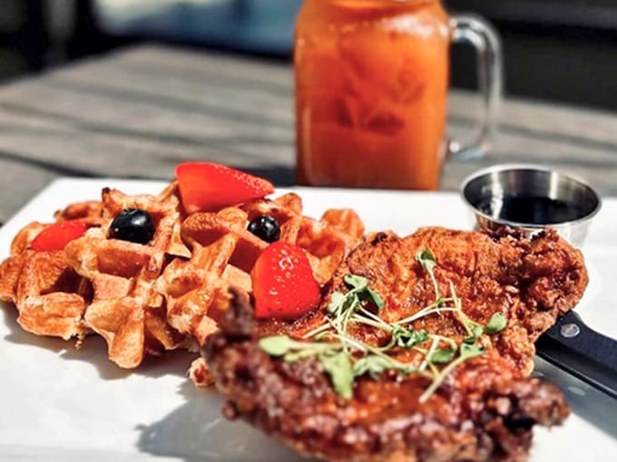 Sweet meets savory in this brunch masterpiece – crispy chicken perched atop a golden waffle with that bloody mary lurking in the background like a spicy accomplice.
