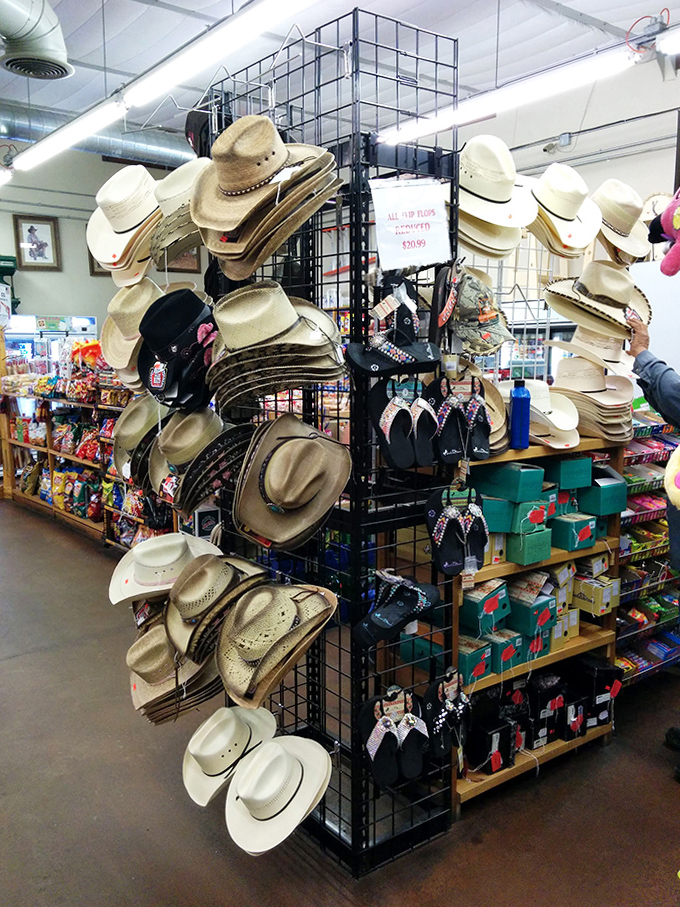Not just hats, but personalities waiting to be claimed, rows of pristine cowboy headwear hang like the Southwest's version of Cinderella's glass slipper.