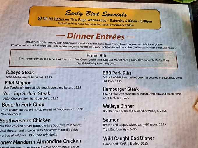 The menu showcases classic American fare with that famous prime rib taking center stage among impressive options.