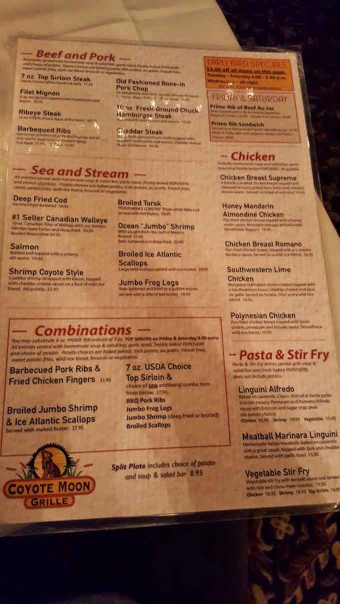 The menu reads like a greatest hits album, offering everything from jumbo shrimp to ribeye with confident variety.