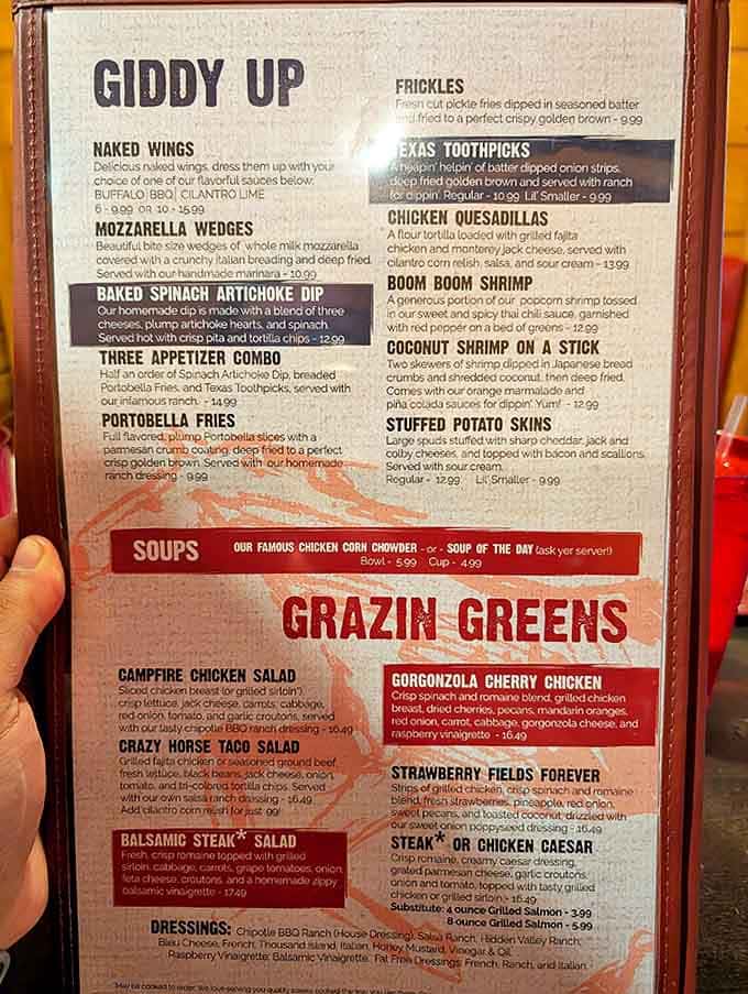 The menu tempts with "Giddy Up" appetizers and "Grazin Greens" &ndash; each dish more mouthwatering than the last.