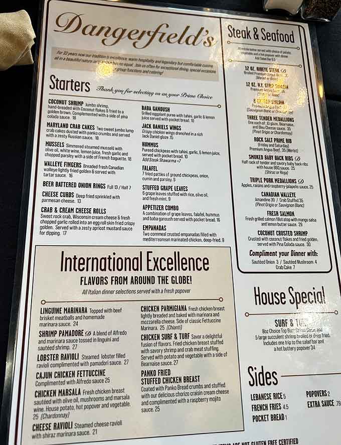 The menu reveals an impressive range, from international flavors to classic steaks, with those legendary chicken kabobs hiding among the options.