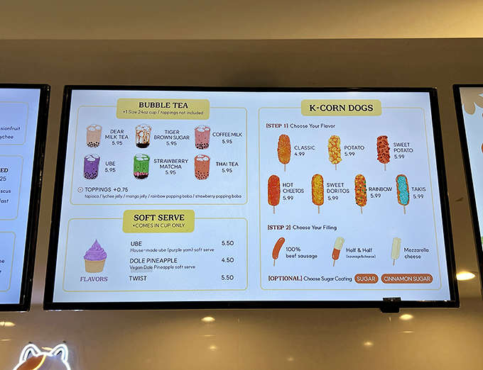 When your menu includes both bubble tea and corn dogs with hot Cheetos coating, you know someone's having fun in the kitchen.