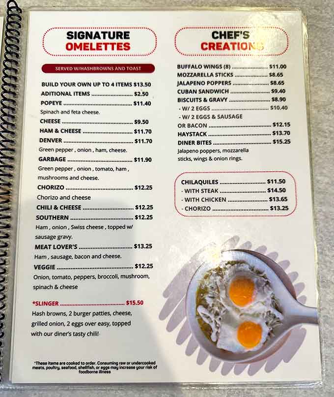 The menu showcases hearty breakfast classics, with the legendary "Slinger" taking center stage among signature omelets and skillets.