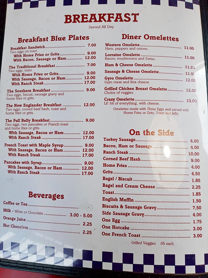 Breakfast served all day? Now that's something to celebrate! The menu offers everything from traditional eggs to specialty omelets and fluffy pancakes.
