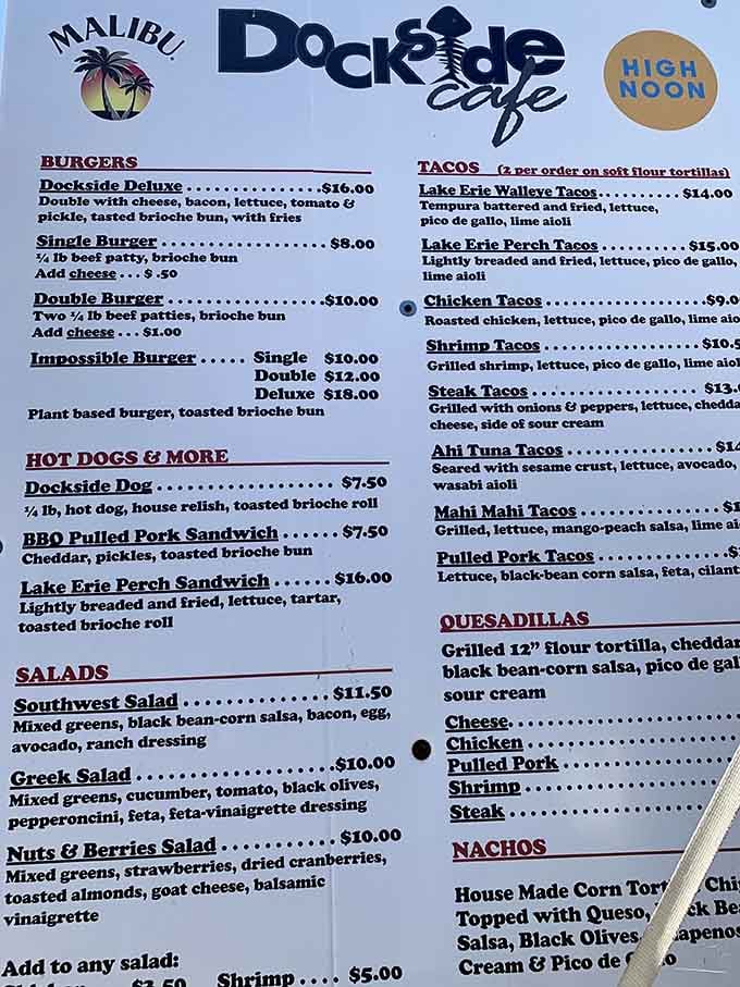 This menu reads like a greatest hits album, but everyone knows the walleye tacos are the chart-topper.