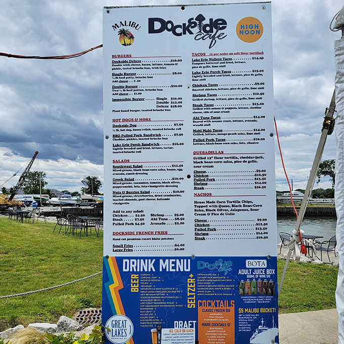 A tempting menu board showcases Dockside's offerings, from their famous lobster rolls to Lake Erie perch tacos &ndash; decisions, decisions!