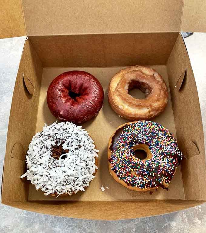 A quartet of perfection &ndash; chocolate, glazed, coconut, and sprinkled joy, each one a different path to breakfast bliss.