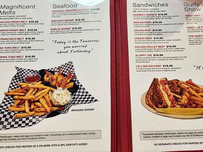 The menu promises magnificent melts and breaded grouper platters, because variety is the spice of burger joint life.