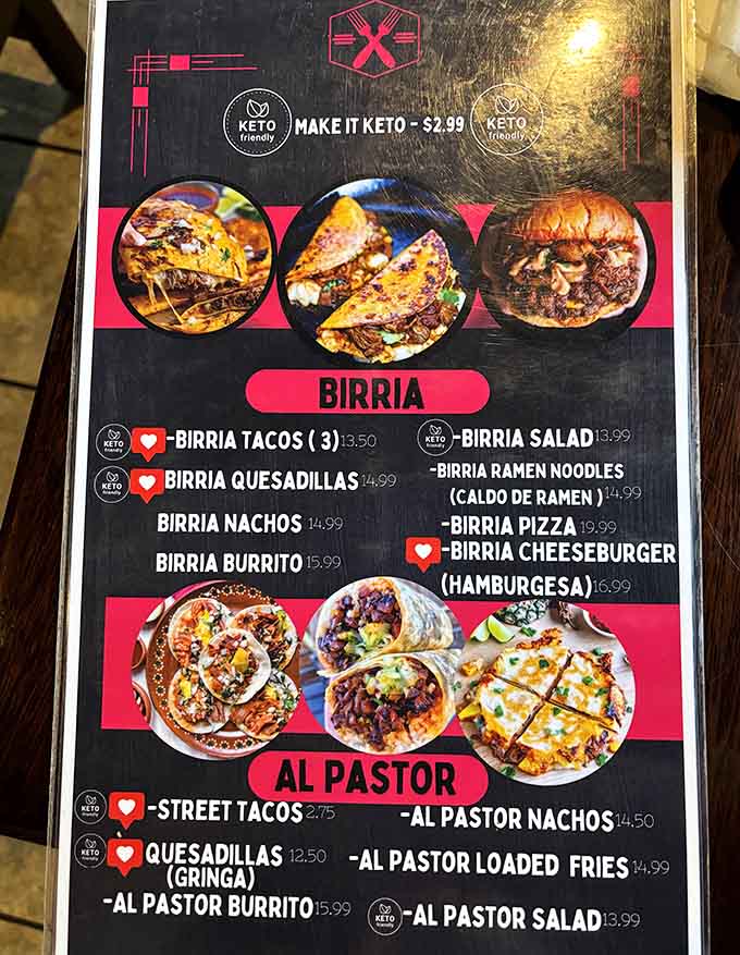 The menu offers everything from birria to keto options, proving that dietary restrictions don't mean sacrificing authentic Mexican flavors.
