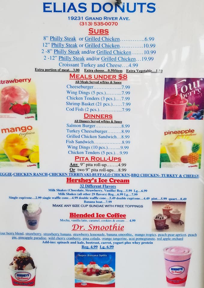 Simple pleasures at honest prices—Elias Donuts' menu offers everything from classic donuts to Philly cheesesteaks that locals swear by.