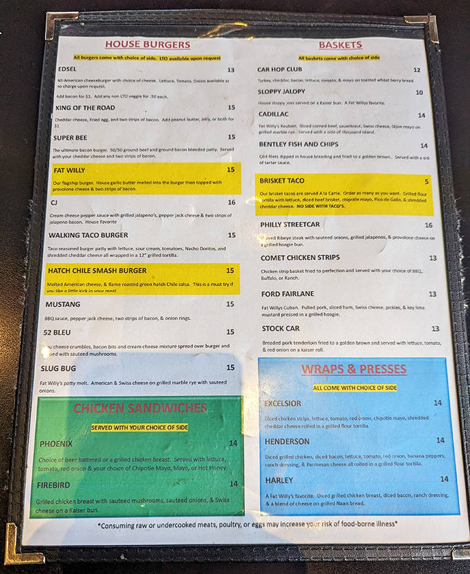 The menu reads like a road map to flavor country, with cleverly named burgers and sandwiches that promise automotive-themed culinary adventures.