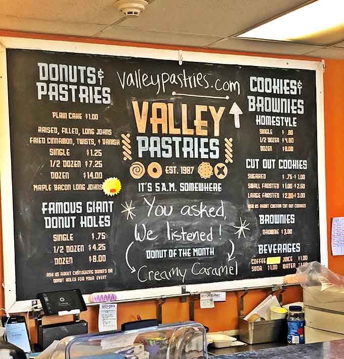 Menu: Valley Pastries' chalkboard menu promises "It's 5 a.m. somewhere" &ndash; a rallying cry for early birds and donut enthusiasts alike.