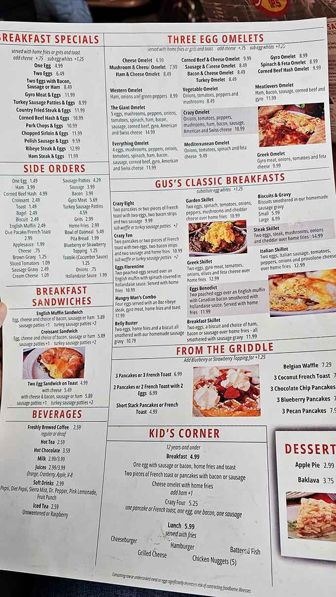 This menu reads like a love letter to breakfast, offering everything from simple eggs to elaborate skillets that require strategic planning.